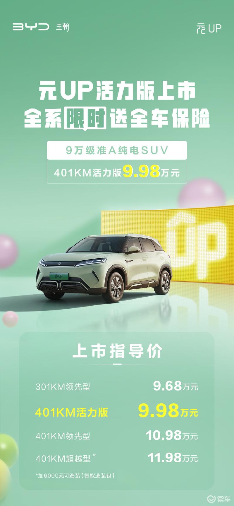 比亚迪元UP 401km活力版上市 售9.98万元_易车