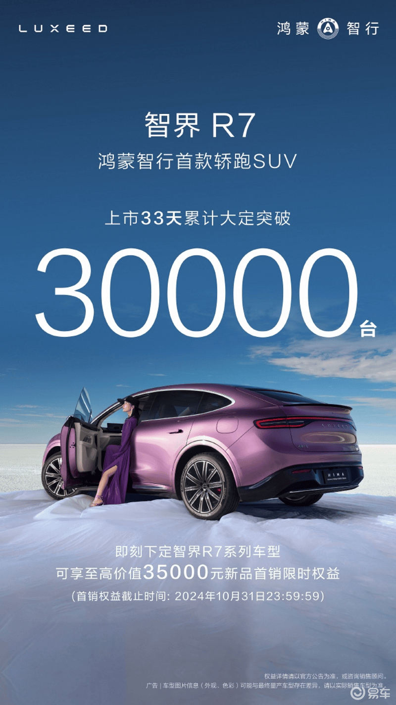 智界R7上市33天累计大定突破30000台 限时享3.5万元首销权益_易车